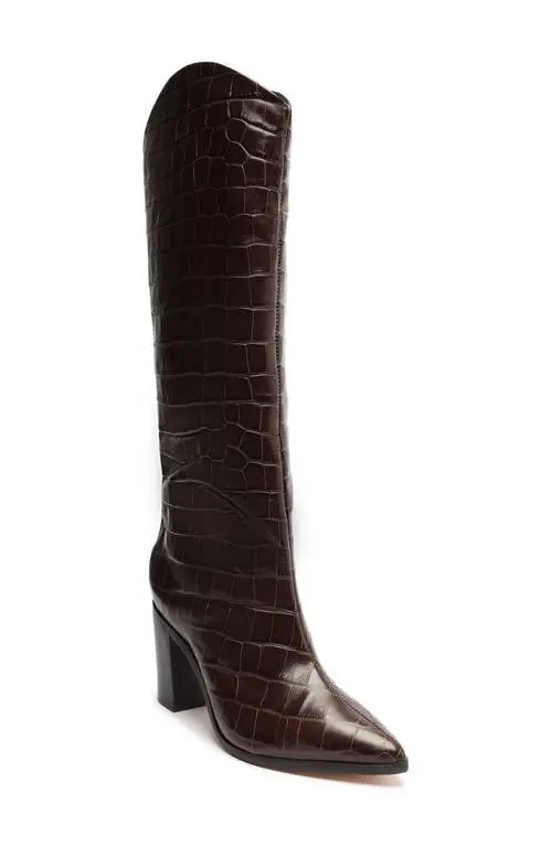 Schutz Maryana Pointed Toe Knee High Boots - Dark Chocolate Croco