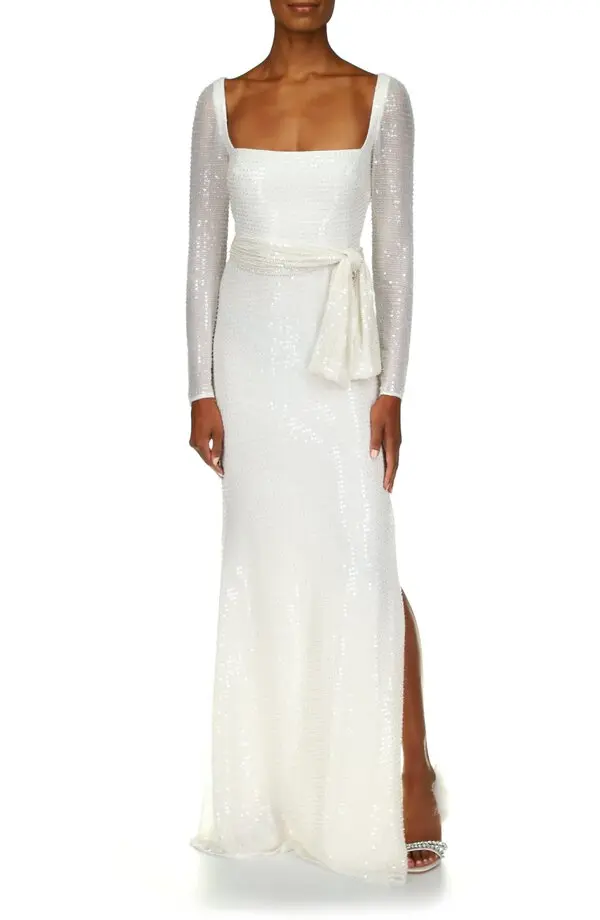 Badgley Mischka Pinstripe Sequin Long Sleeve Gown - Ivory | Editorialist