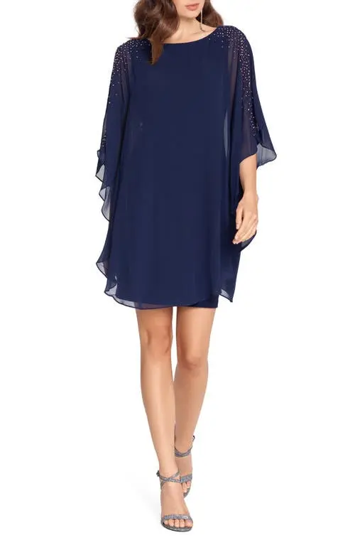 Xscape Chiffon Beaded Cape Sleeve Dress - Navy | Editorialist