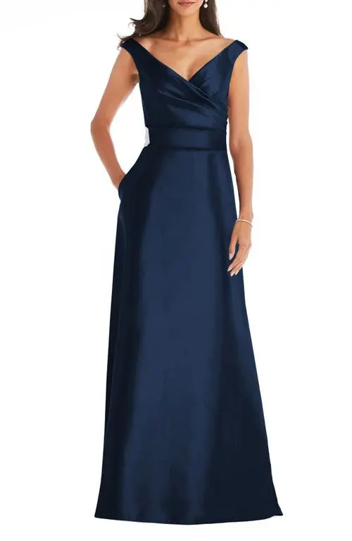 Alfred Sung Off-the-shoulder Satin Gown - Midnight