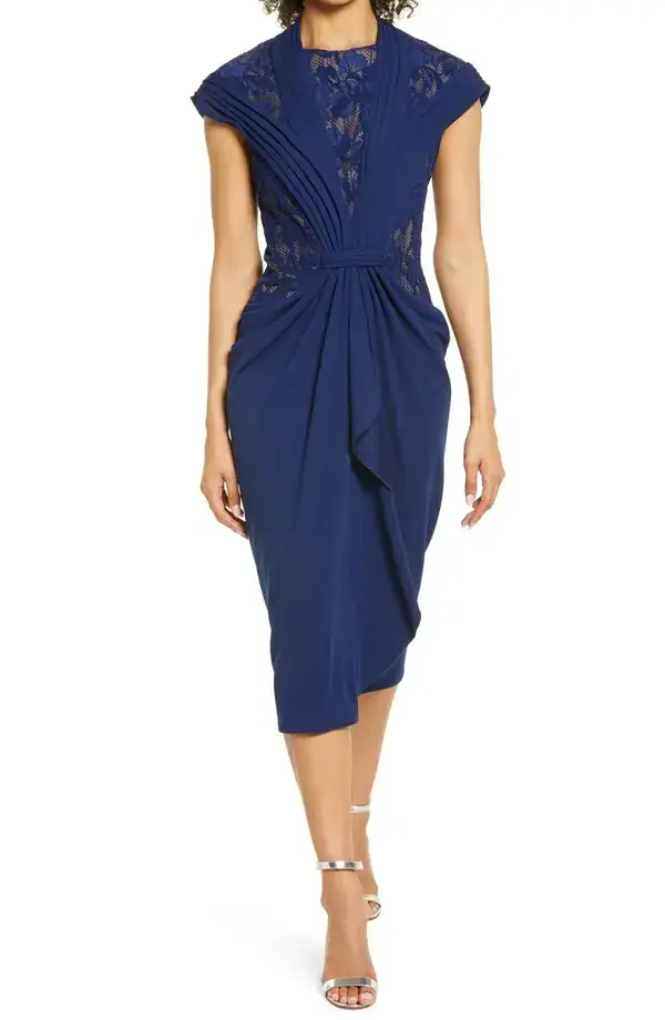 Tadashi Shoji Lace Inset Cap Sleeve Cocktail Dress - Navy | Editorialist