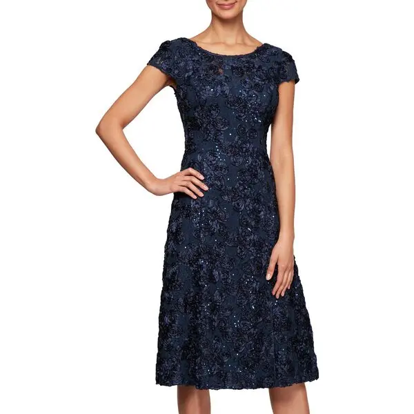 Alex Evenings Sequin Rosette Lace Cocktail Dress - Navy