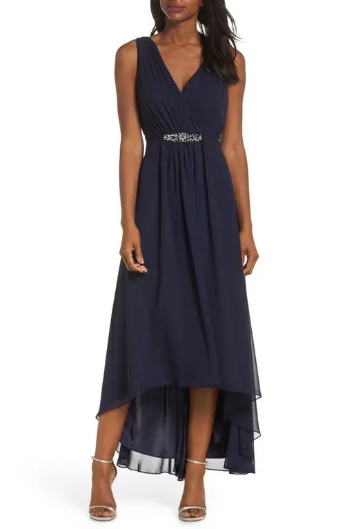 Eliza J Embellished High/low Chiffon Gown - Navy
