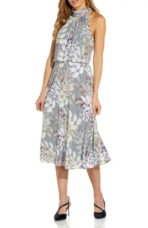 knee length dresses for ladies Black Navy Jacquard Tie Front Fit And Flare Midi Dress