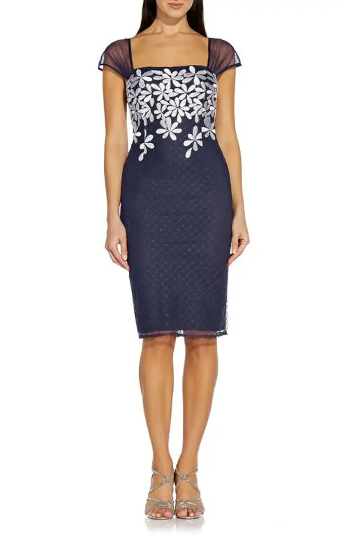 Adrianna Papell Metallic Floral Embroidered Cocktail Sheath Dress - Navy/  Ivory | Editorialist