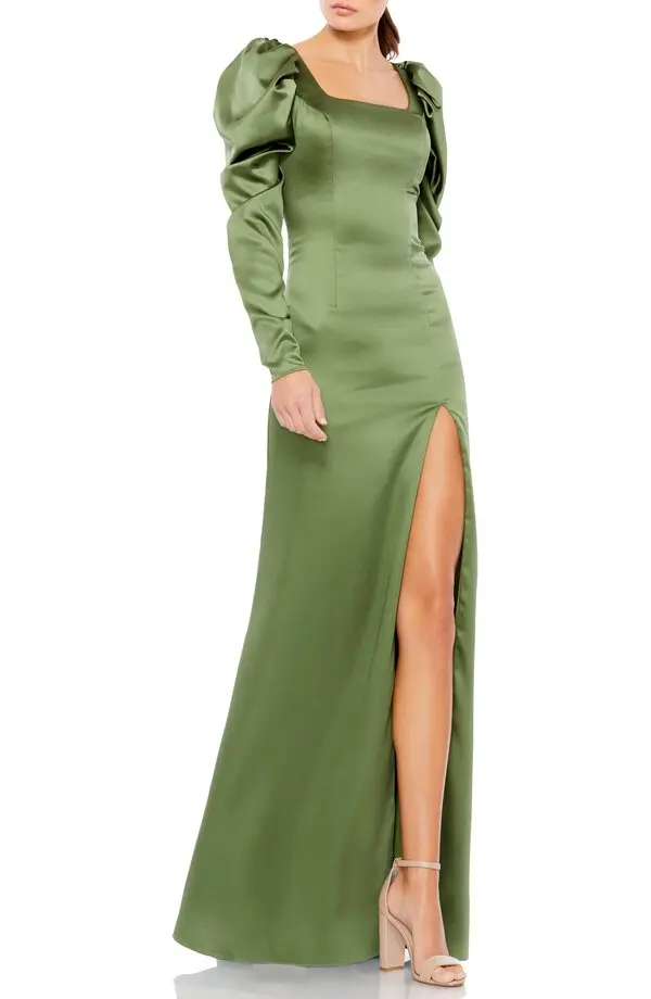 slim fit dress slacks Mac Duggal - Green High Neck Long Sleeve Beaded Blouson Gown main image 1