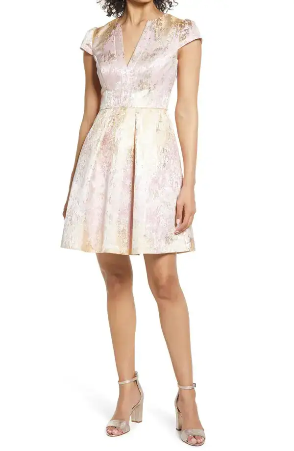 Vince Camuto Metallic Jacquard Satin Fit Flare Dress In Blush