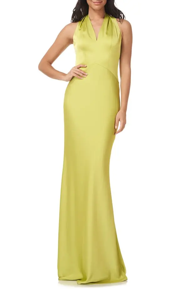 Kay Unger Fallon Halter V-Neck Satin Gown In Chartreuse - 45% Off |  Editorialist