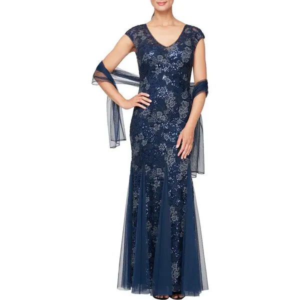 Alex Evenings Sequin Embroidered Trumpet Gown - Navy
