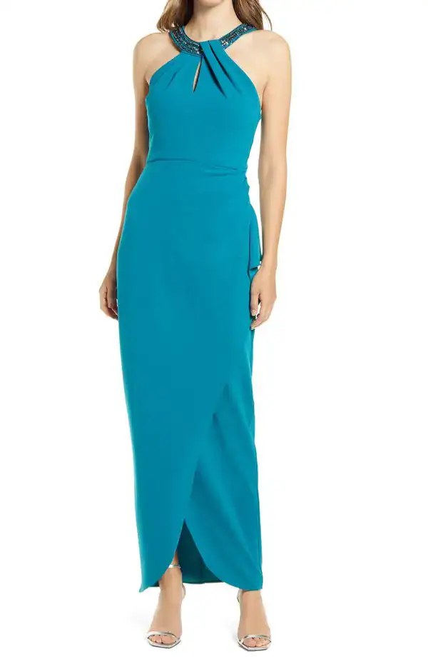 Alex Evenings Embellished Halter Evening Gown In Teal - 58% Off |  Editorialist