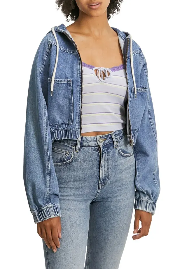 Bdg Urban Outfitters Lea Hooded Denim Bomber Jacket In Light Denim