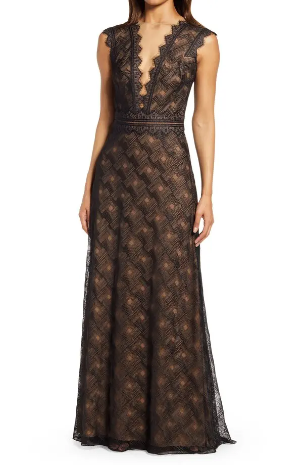 Tadashi Shoji Deep V-Neck Embroidered Lace Gown - Black/Nude | Editorialist