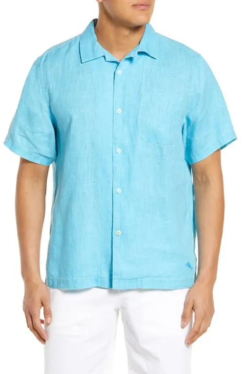 Tommy Bahama Sea Glass Short Sleeve Button-Up Linen Camp Shirt - River Blue  | Editorialist