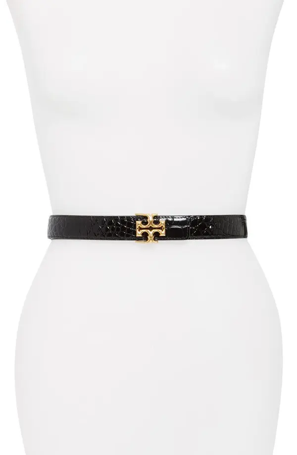 Tory Burch Kira Croc Embossed Leather Belt - Black 