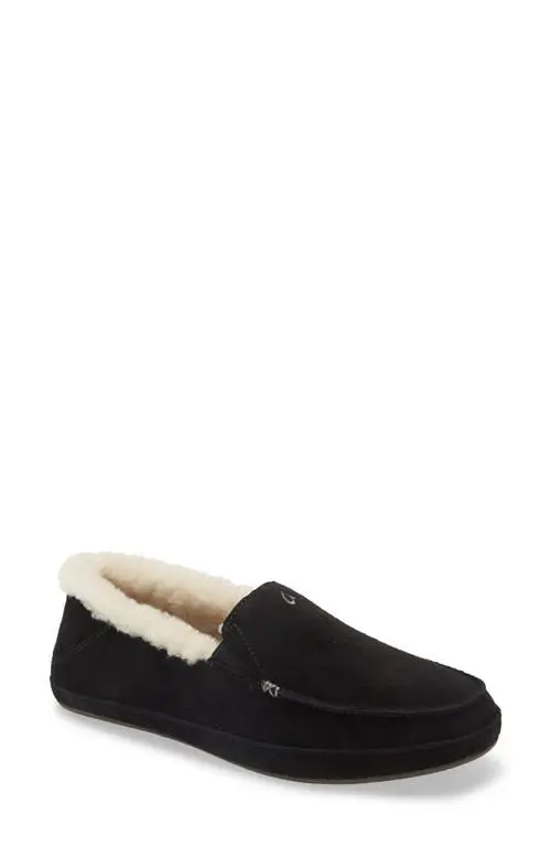 Olukai Ku'una Shearling Slipper - Black/black Leather