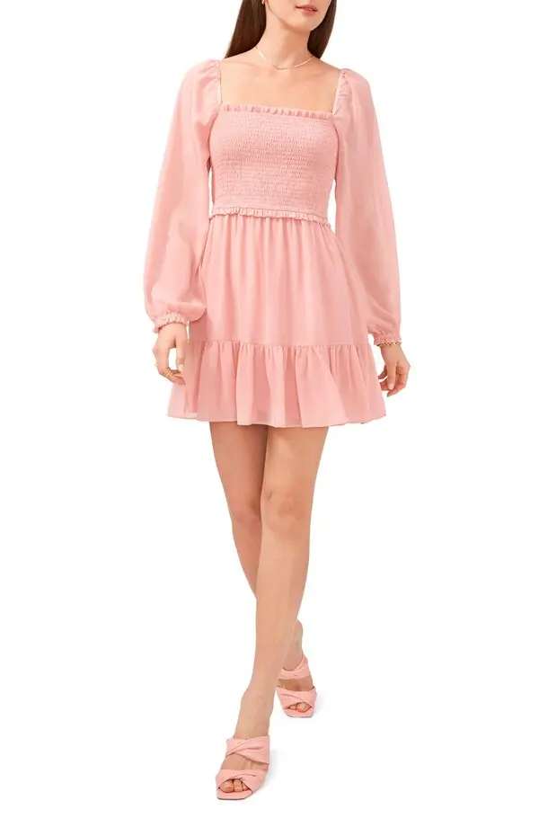 1.State Smock Bodice Ruffle Hem Mini Dress In Pink - 60% Off | Editorialist