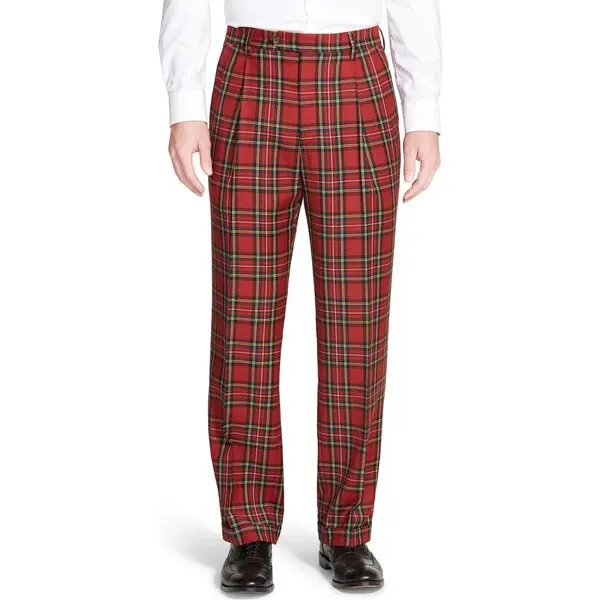 Berle Touch Finish Pleated Plaid Wool Trousers - Red