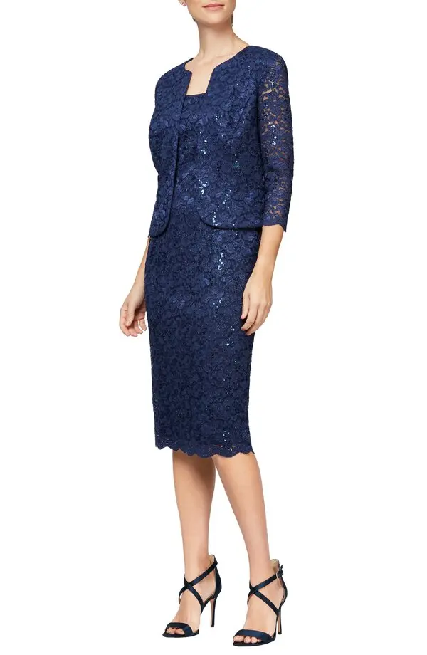 sachin and babi light blue dress Alex Evenings Women's Embellished-Neck Side-Ruched Illusion Dress - Black main image 0