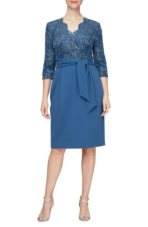 knee length dresses for ladies Alex Evenings Women's Sequin Lace Bodice Chiffon Gown - Peacock