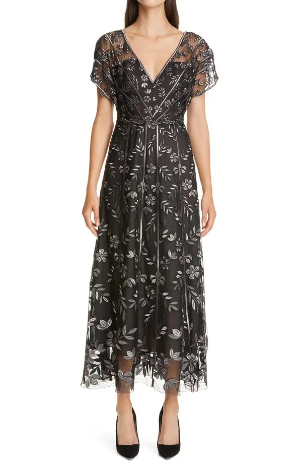 Lela Rose Flutter Sleeve Vine Embroidered Tulle Dress In Gunmetal