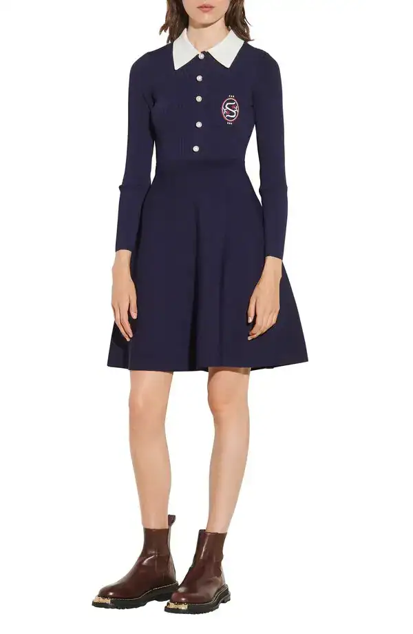 Sandro Long Sleeve Fit & Flare Dress - Navy Blue | Editorialist