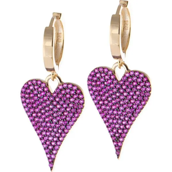 SHYMI Pavé Heart Drop Huggie Hoop Earrings - Gold/hot Pink