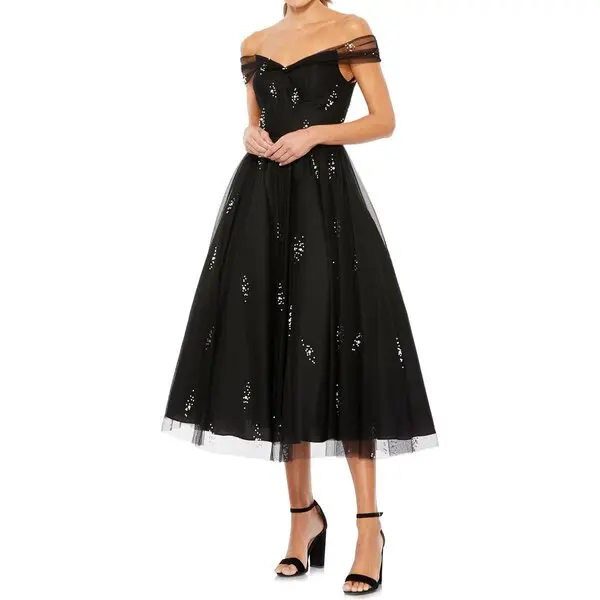 mac duggal off the shoulder beaded chiffon midi dress Green Chiffon Gown w/ Fully Beaded 3/4 Sleeve Top main image 1