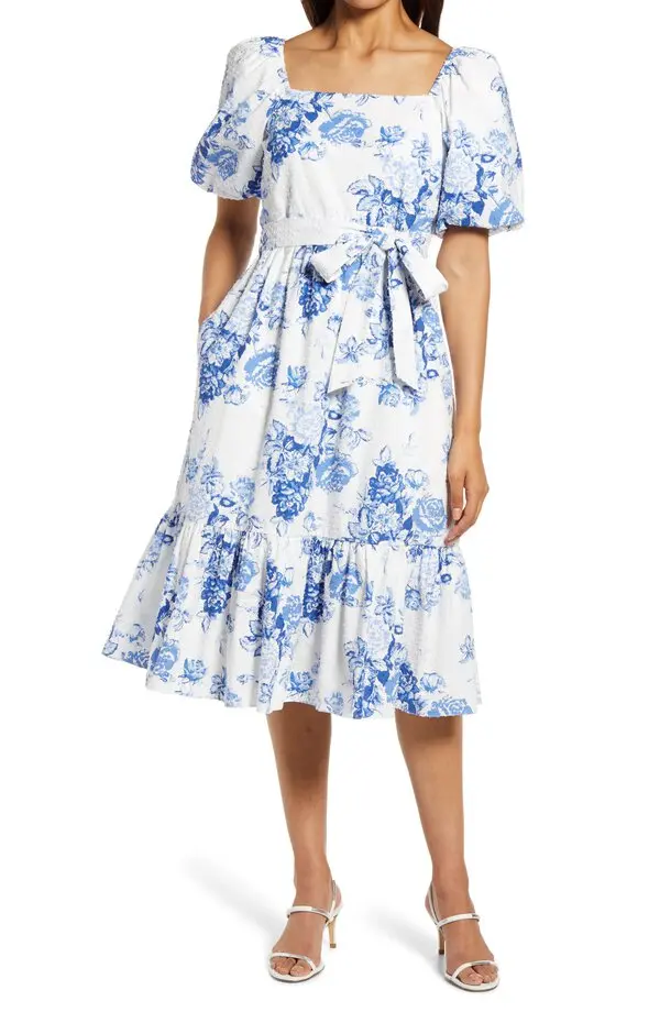 Julia Jordan Toile Clip Dot Puff Sleeve Dress In Ivory/ Blue - 58% Off |  Editorialist