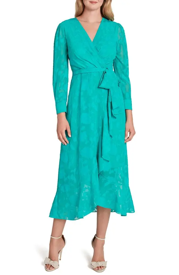 Tahari Chiffon Clip Long Sleeve Faux Wrap Maxi Dress - Dynasty Green |  Editorialist