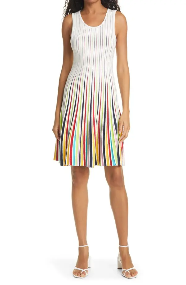 Milly Godet Stripe Sleeveless Fit & Flare Dress - White Multi | Editorialist