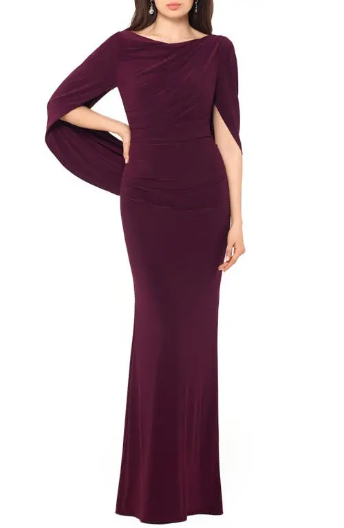 Betsy & Adam Cape Long Sleeve Trumpet Gown - Wine