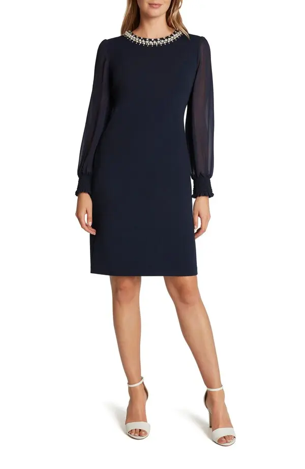 Tahari Embellished Neckline Long Sleeve Sheath Cocktail Dress In Navy - 50%  Off | Editorialist