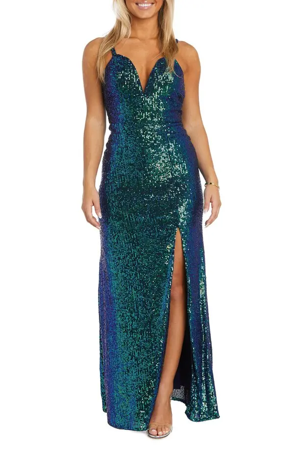 Morgan Co Sequin Embellished Gown In Navy/ Teal 61% Off - Main Image