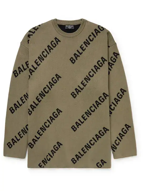Balenciaga Oversized Logo-Intarsia Cotton-Blend Sweater - Brown 