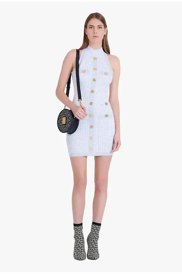 Balmain Pale Blue And Knit Dress With Gold-Tone Buttons - White |  Editorialist