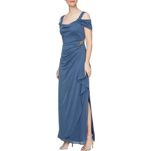 Alex Evenings Embellished Cold Shoulder Column Gown - Wedgewood