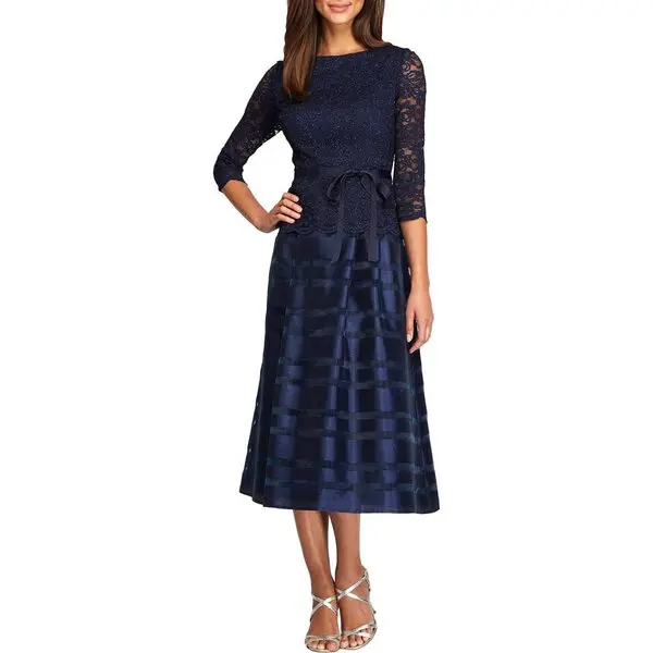 Alex Evenings A-line Mock Neck Tea Length Dress