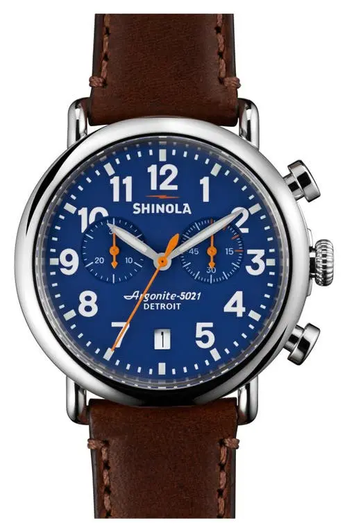 Shinola The Runwell Chrono Leather Strap Watch - Dark Brown/blue/silver