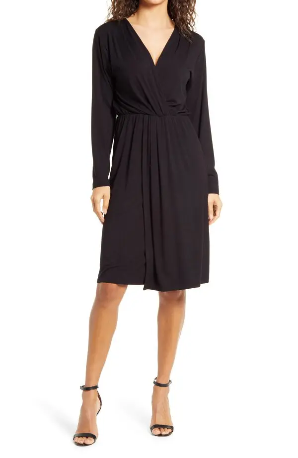 long sleeve faux wrap dress fraiche by j Women's Fraiche by J Navy Wrap Dress Long Sleeve Tie Front Stretchy Knit  Small