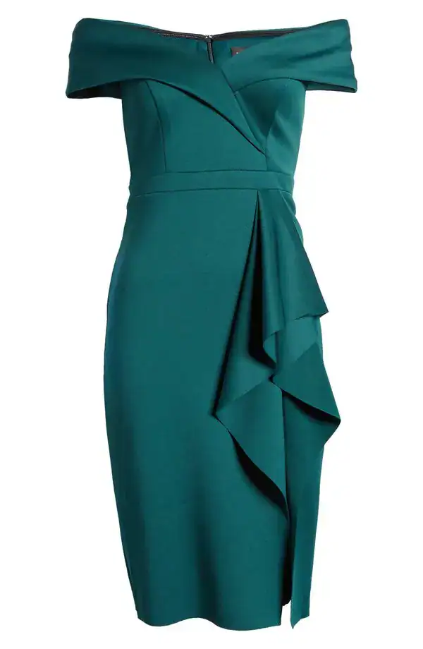 Xscape Evenings Ruffle Scuba Off The Shoulder Cocktail Midi Dress In Hunter  - 36% Off | Editorialist