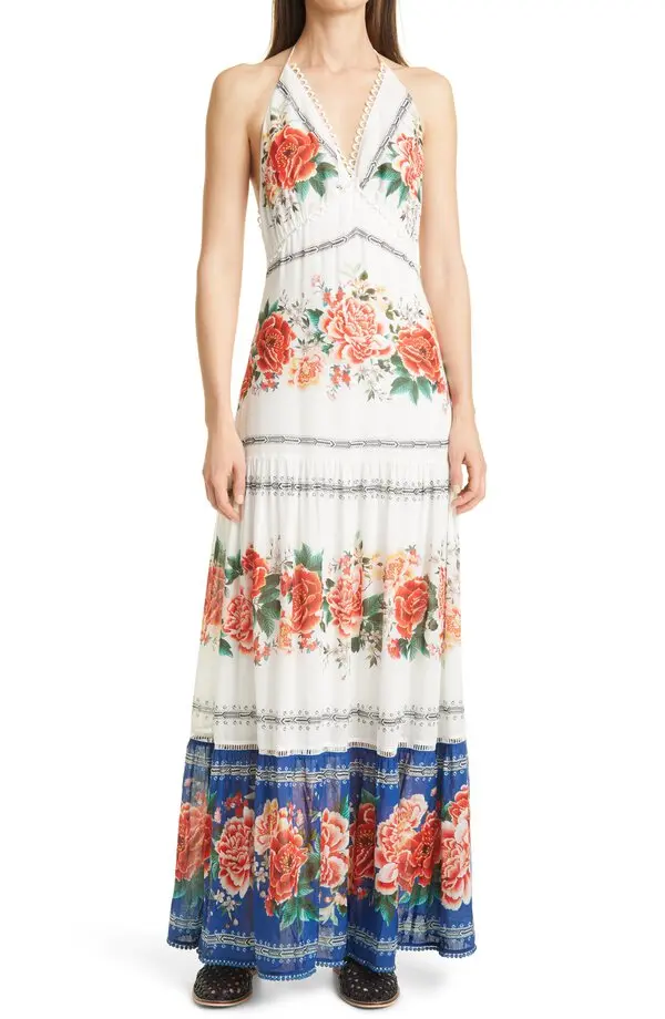 knee length dresses for ladies Tropical Tapestry Off-White Halter Neck Maxi Dress