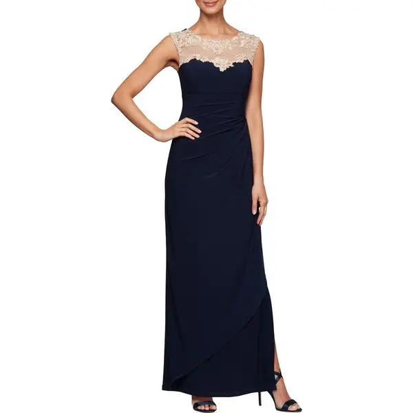 Alex Evenings Side Ruched Gown - Navy/nude