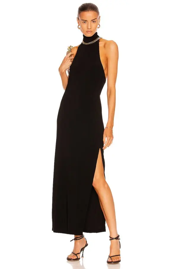 Norma Kamali Halter Turtleneck Gown With Slit - Black