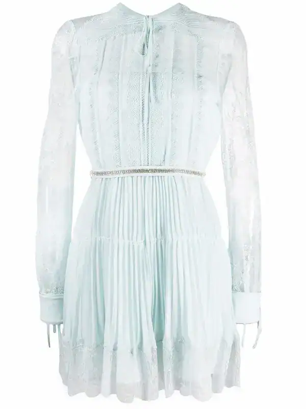Self-Portrait Lace-Trim Pleated Mini Dress In Blue - 30% Off | Editorialist