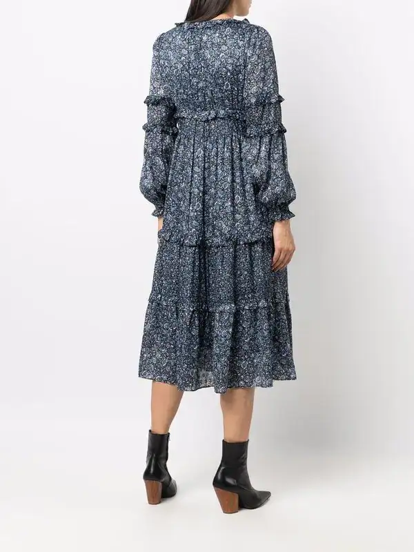 michael michael kors floral chiffon tiered dress Michael Kors Women's Floral Ruffle Midi Dress - Blue - Size L