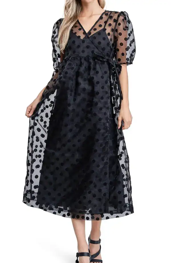 knee length dresses for ladies Black Organza Long Sleeve Midi Dress – FARM Rio main image 0