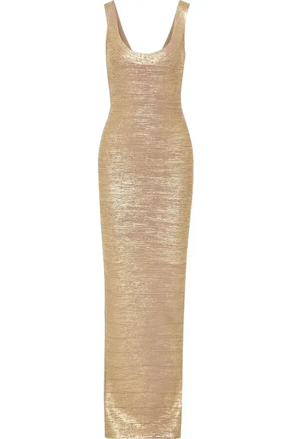 herve leger gold long dress Zapakasa Women Sparkly Gold Metallic Long Formal Dress with Slit Ruched  Deep V-Neck A-Line Gala Dress main image 1