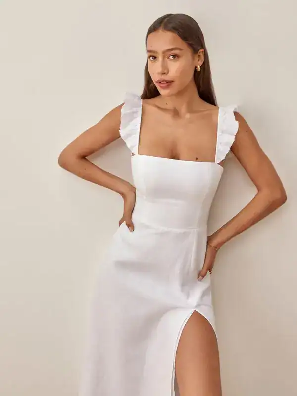 reformation dresses white Linen Midi Length Dress 100% cotton Reformation White Linen Clothing Shop