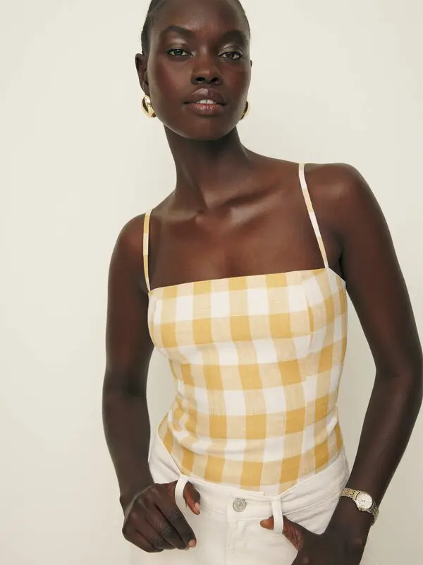 REFORMATION Overland Linen Top - Dandelion Check