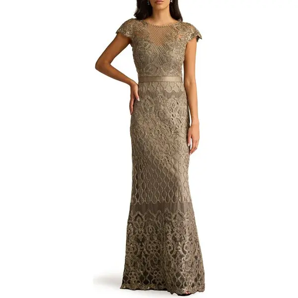 Tadashi Shoji Sequin Lace Illusion Gown - Smoke Pearl
